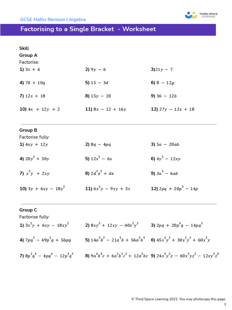 Third Space Learning Factorising To A Single Bracket GCSE Worksheet 1 ...