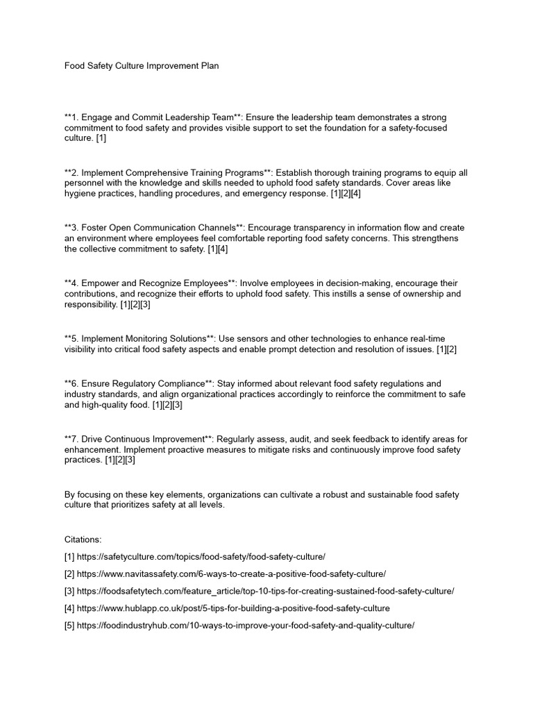 Food Safety Culture Improvement Plan | PDF