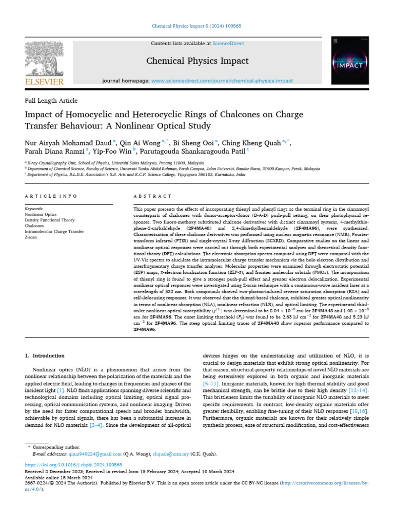 Impact of Homocyclic and Heterocyclic Rings of Chalcones On Charge ...