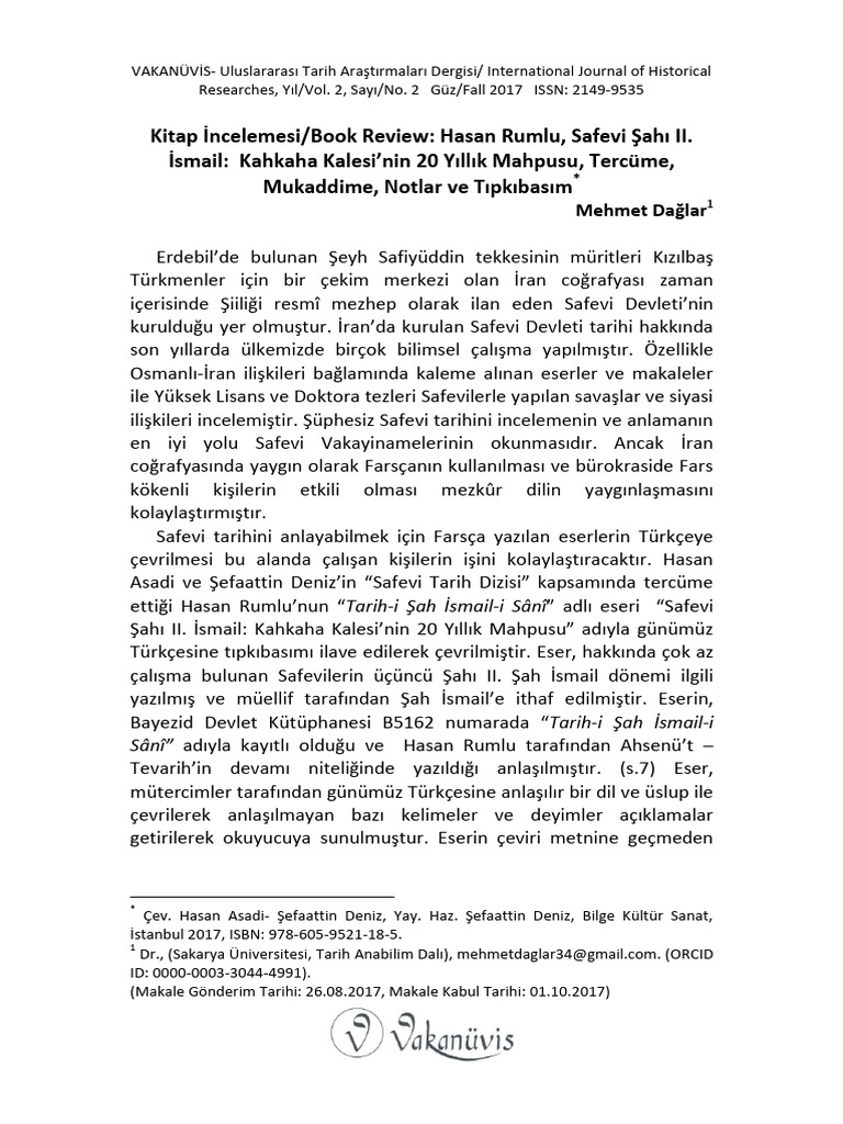 Hasan Rumlu, Safevi Ah II. Smail Kahkaha Kalesi Nin 20 Y LL K Mahpusu, Terc Me, Mukaddime ...