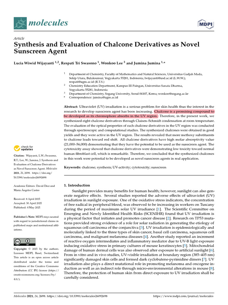 Synthesis and Evaluation of Chalcone Derivatives As Novel Sunscreen ...