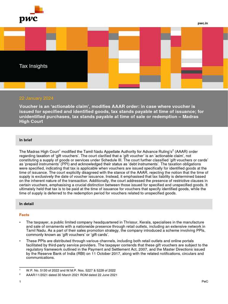 PWC Tax Insights 22 January 2024 Voucher Is An Actionable Claim ...