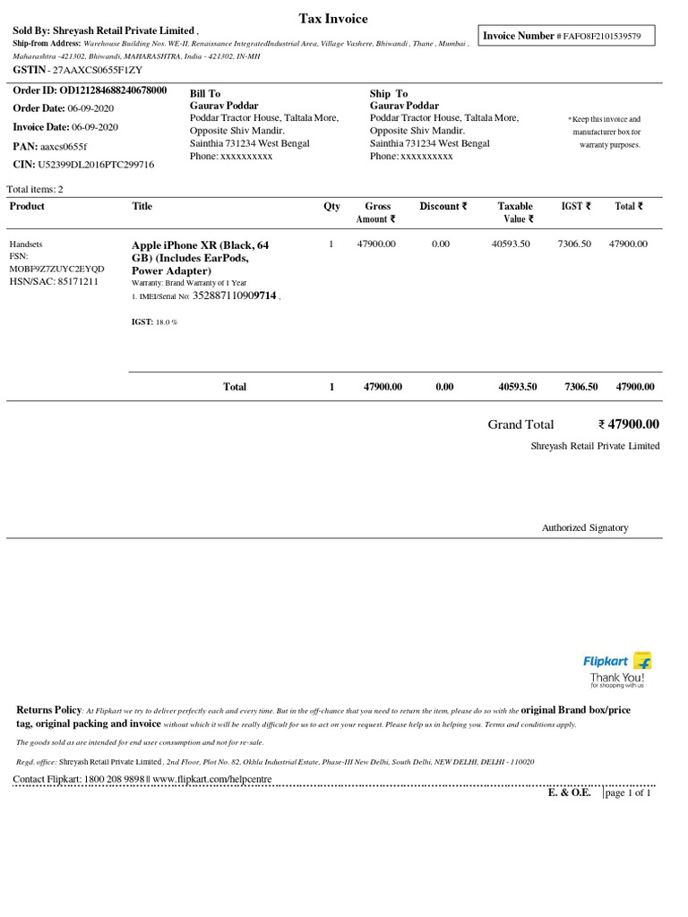 Gaurav Iphone XR Bill (1) - Removed | PDF | I Phone | Information Appliances