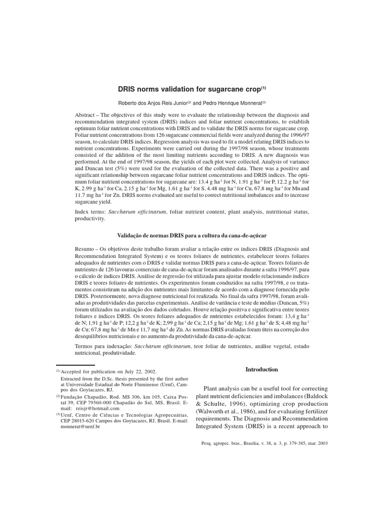 DRIS Norms Validation for Sugarcane | PDF | Fertilizer | Soil