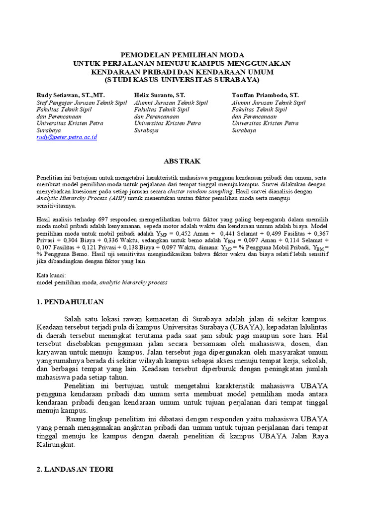 Pemodelan Pemilihan Moda Untuk Perjalana | PDF