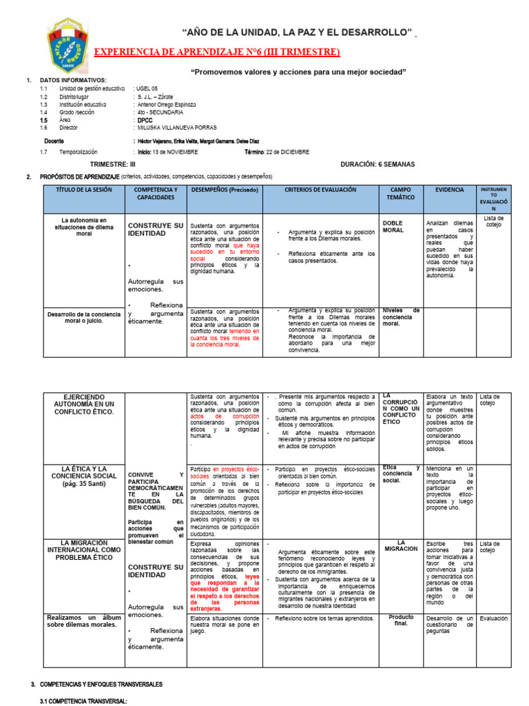 Eda DPCC 6 4° Sec 2023 | PDF | Moralidad | Evaluación