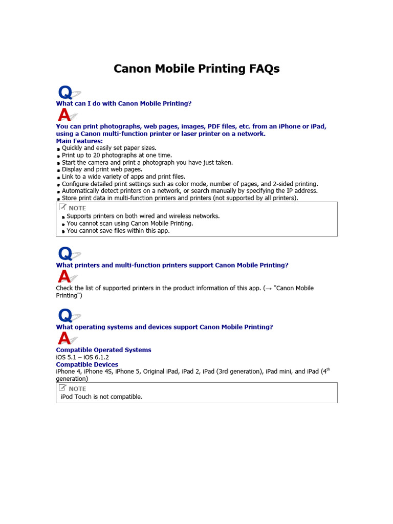 Canon Mobile Printing - FAQs | PDF | I Pad | Ios