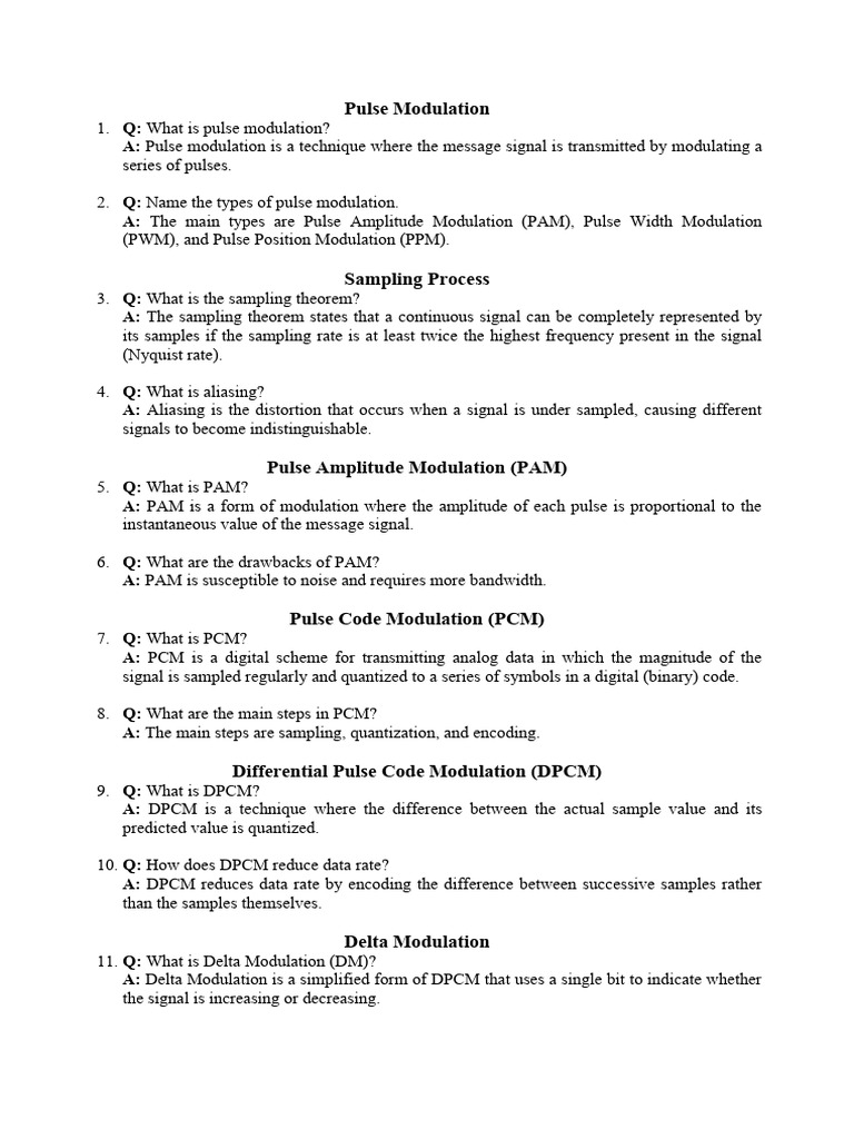 Pulse Modulation Short Questions Pdf Sampling Signal Processing Modulation