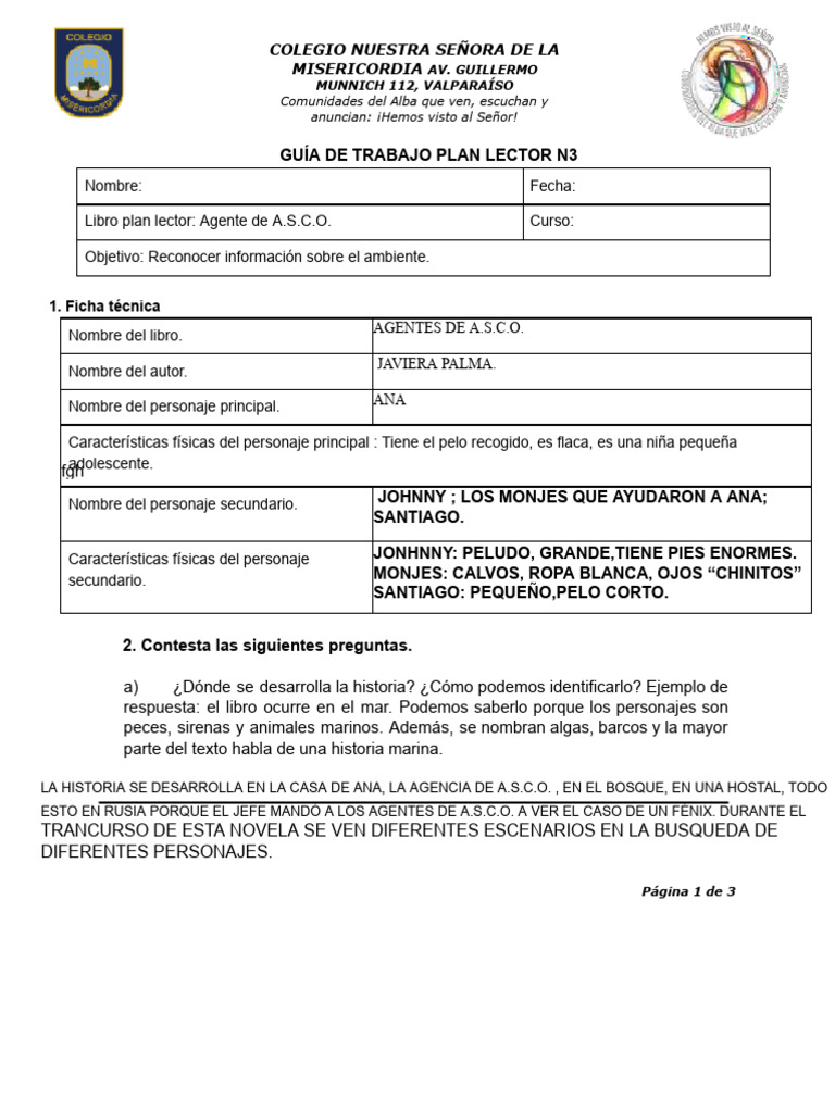 Gu-A de Trabajo Plan Lector n3 Ambiente Agente A.S.C.O | PDF
