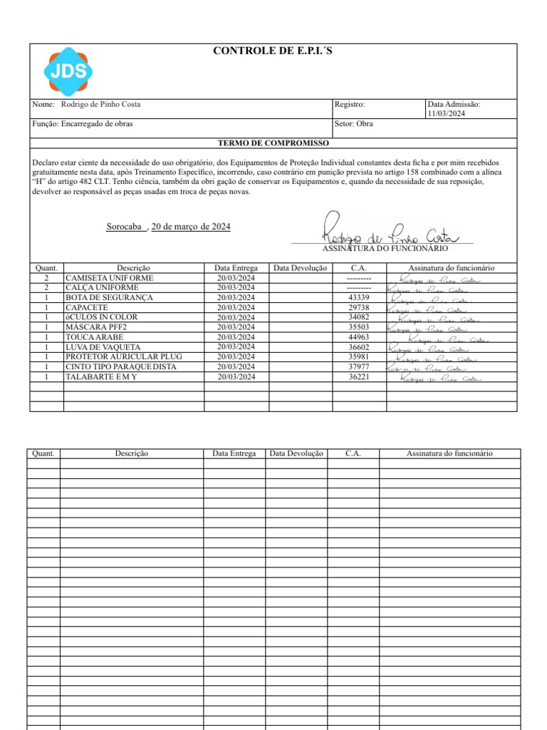Ficha de EPI - Rodrigo de Pinho Costa | PDF