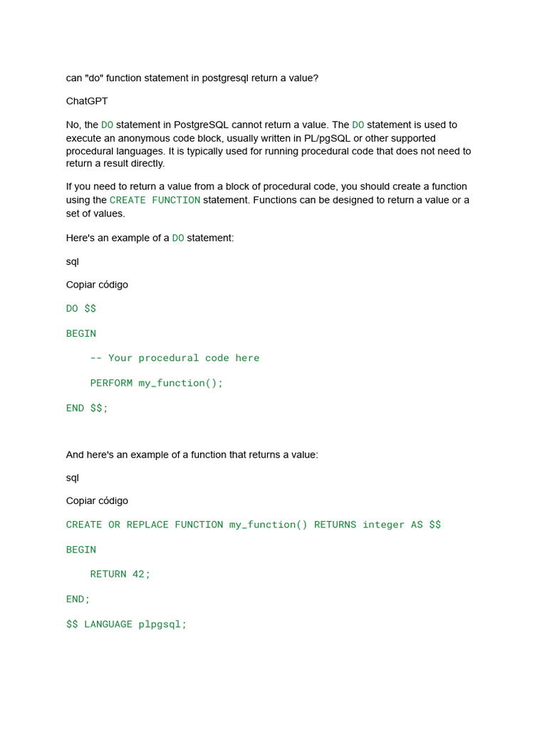 Function Statement in Postgresql Return A Value | PDF