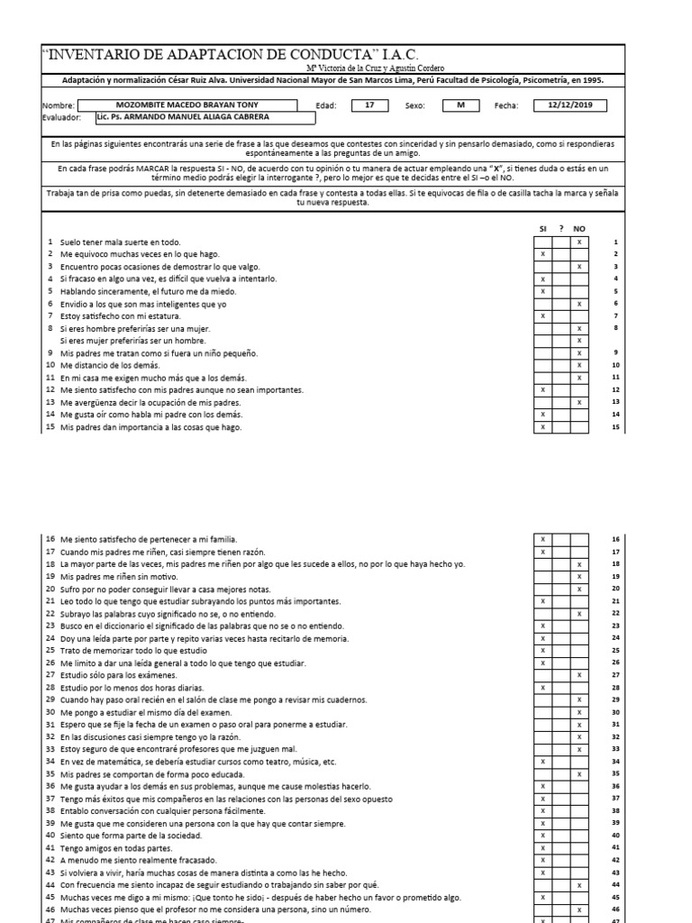 INVENTARIO DE ADAPTACION DE CONDUCTA IAC -peru 12 años adelante | PDF