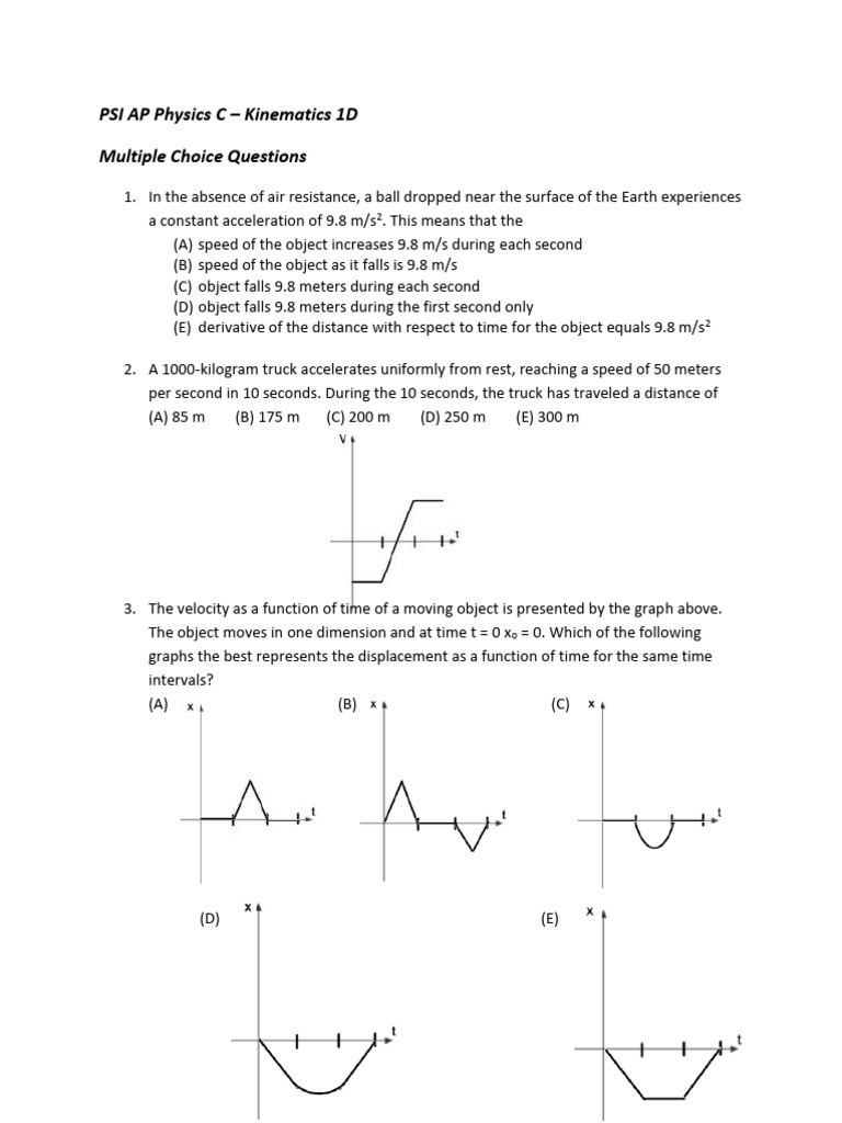 AP Physics C 1D Kinematics MC | PDF | Acceleration | Speed