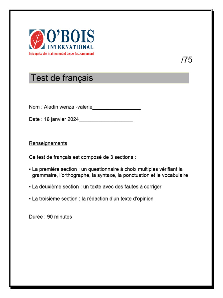 Test de français : grammaire et rédaction | PDF | Sédiment | Dragage