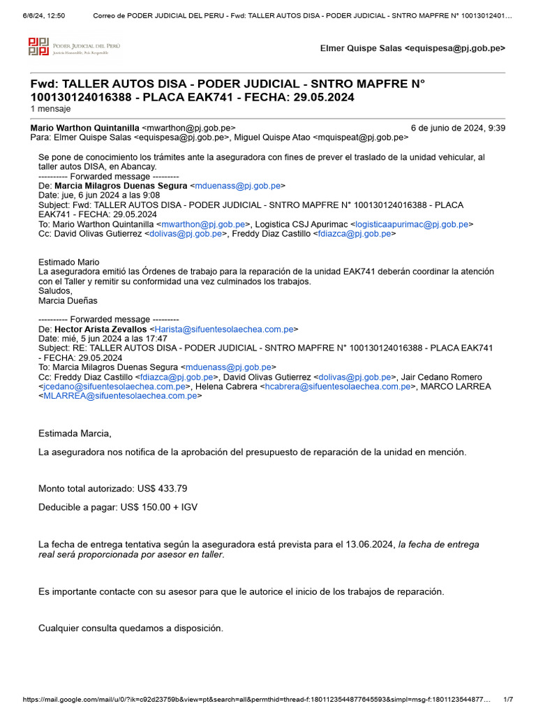 Correo de PODER JUDICIAL DEL PERU - FWD - TALLER AUTOS DISA - PODER ...