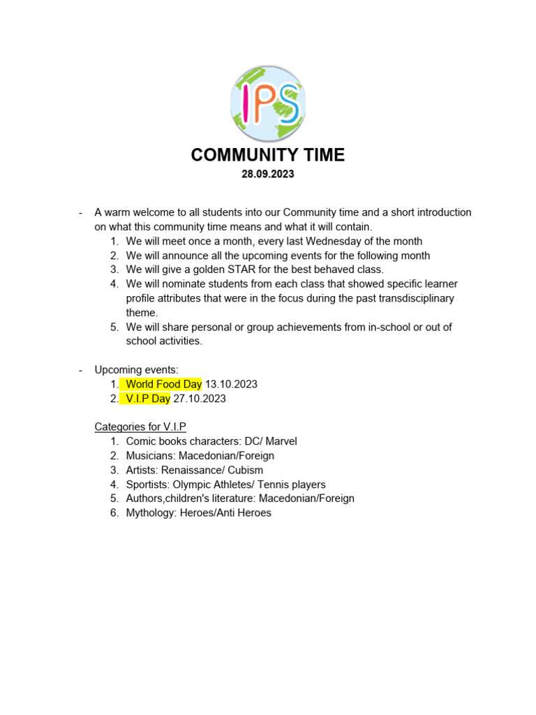 Community Time Events and Highlights | PDF