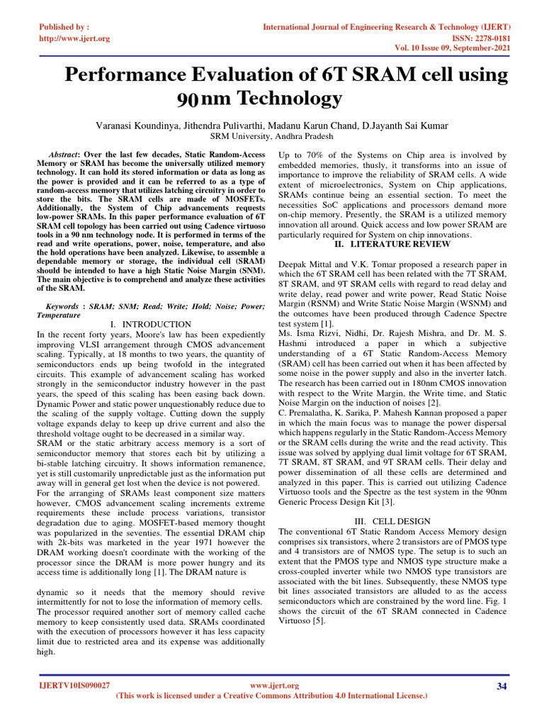 Performance Evaluation of 6t Sram Cell Using 90 NM Technology IJERTV10IS090027 | PDF | Computer ...