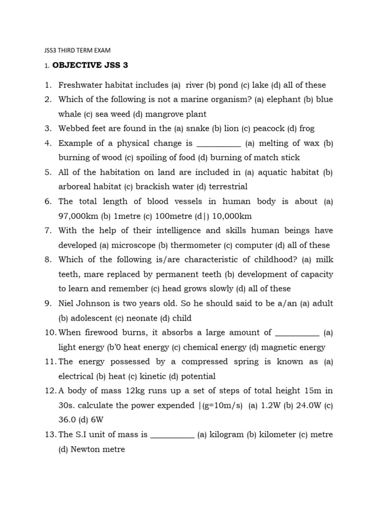 New JSS3 Third Term Exam | PDF | Kinetic Energy | Potential Energy