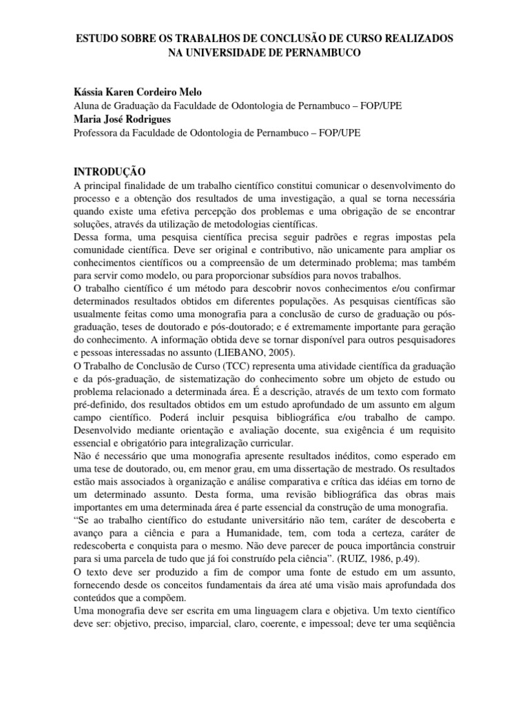 Estudo Sobre Os Trabalhos de Conclusão de Curso Realizados Na ...