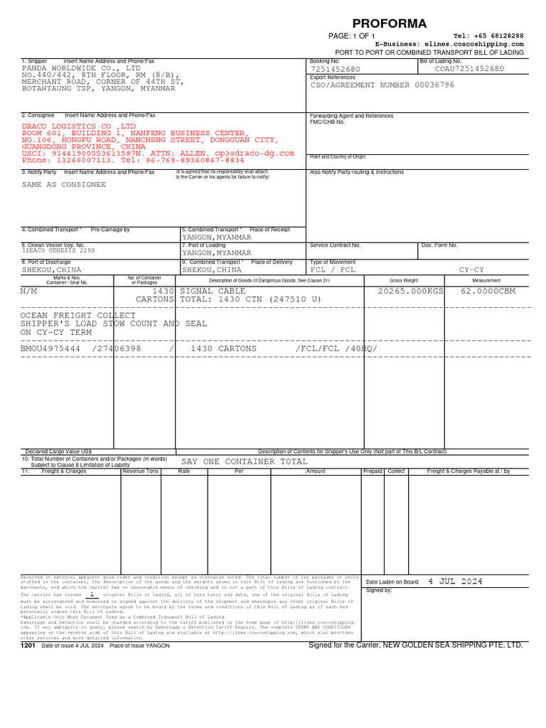 7251452680-Draft BL | PDF | Cargo | Bill Of Lading