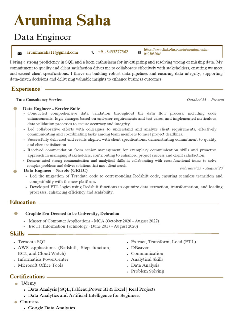 Arunima Saha Data Engineer CV | PDF | Data | Information Technology