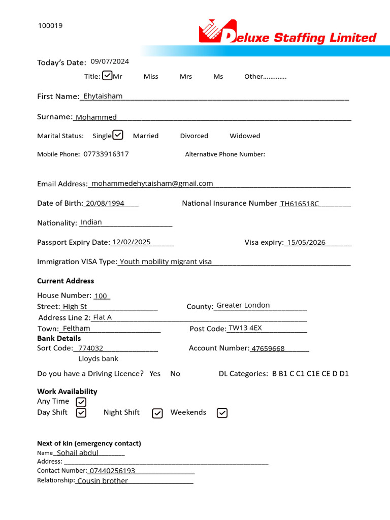 Ehytaisham Mohammed 100019 Deluxe Staffing Application Form | PDF ...