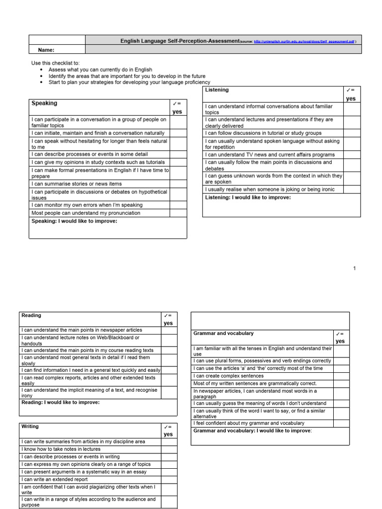 English Language Self-Perception-Assessment ( | PDF | English Language ...