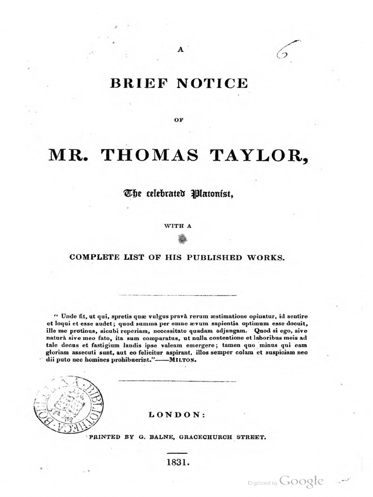 Thomas Taylor, A Brief Notice of MR Thomas Taylor With A Complete List ...