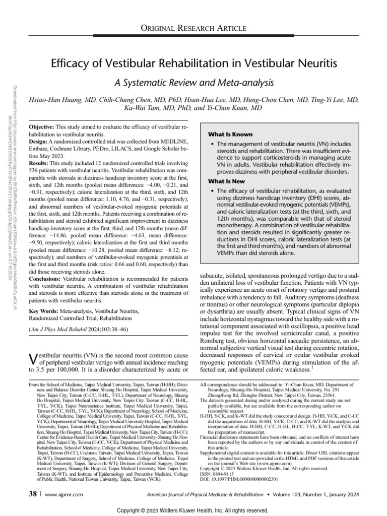 Vestibular Rehabilitation for Neuritis Efficacy | PDF | Vertigo ...