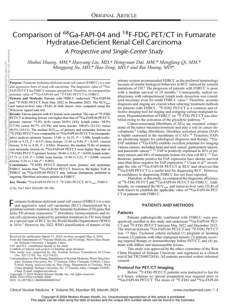 Comparison of 68Ga-FAPI-04 and 18F-FDG PET/CT in Fumarate Hydratase-Deficient Renal Cell ...