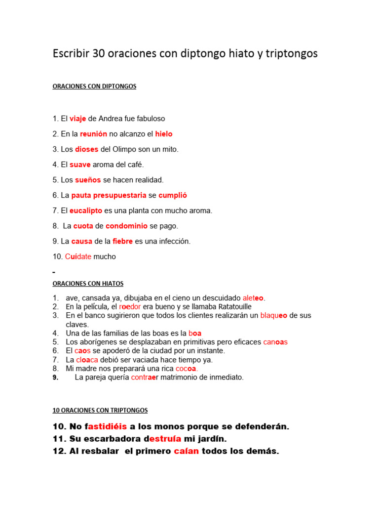30 Oraciones: Diptongo, Hiato y Triptongo | PDF