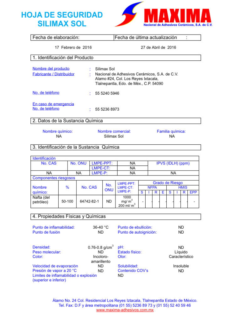 MSDS_SILIMAX SOL | PDF | Dióxido de carbono | Agua