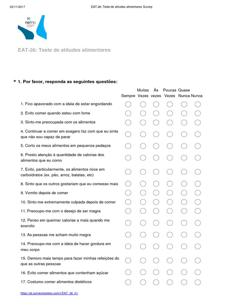 EAT-26 - Teste de Atitudes Alimentares Survey | PDF | Bem-estar ...