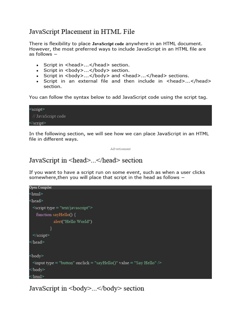 JavaScript Placement in HTML File | PDF | Java Script | Html JavaScript Placement in HTML File | PDF | Java Script | Html