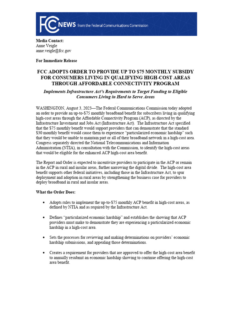 FCC Adopts Order To Provide Up To $75 Monthly Subsidy For Consumers ...