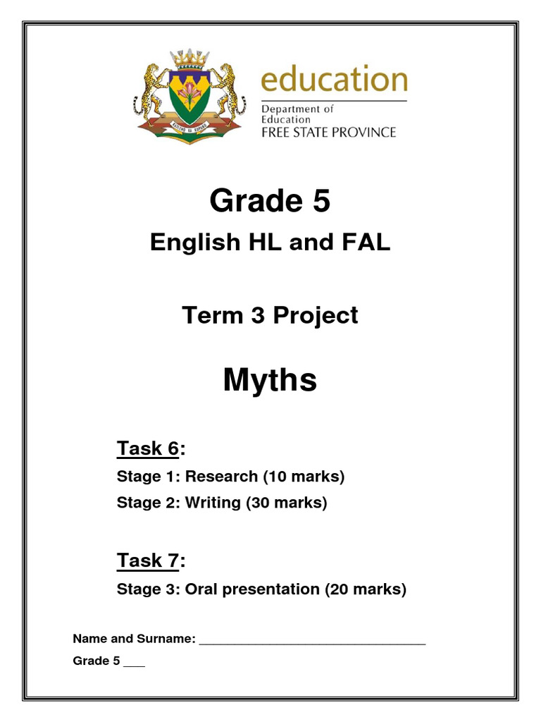 Grade 5 EFAL and HL Project Learners Handout Term 3 2023 (Myth) | PDF ...