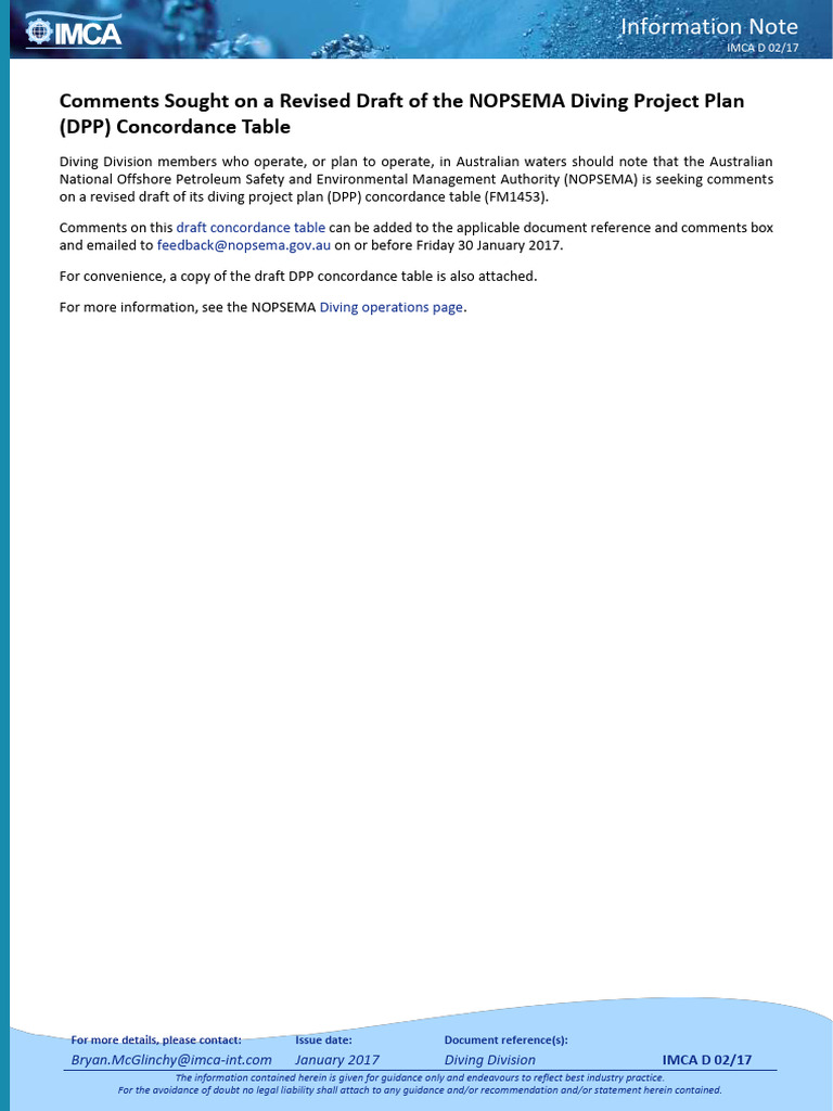 IMCAD02-17 - NOPSEMA Diving Project Plan | PDF | Underwater Diving | Safety