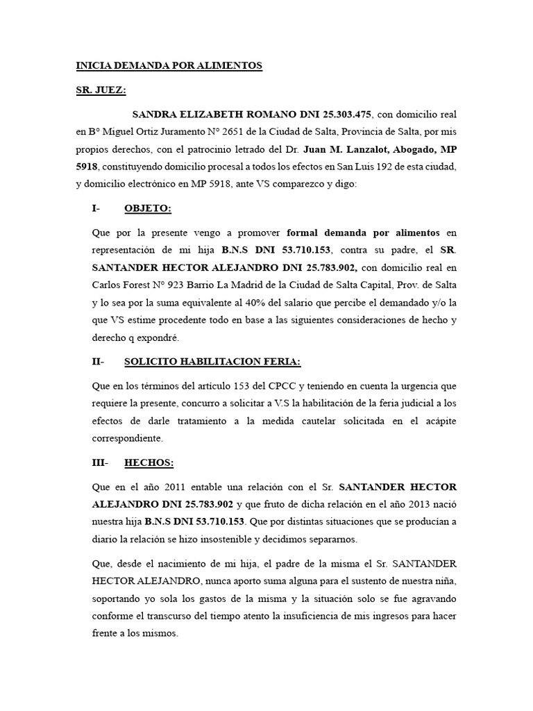 INICIA DEMANDA POR ALIMENTOS Sandra Elizabeth Romano Contra Santander | PDF | Documento de ...