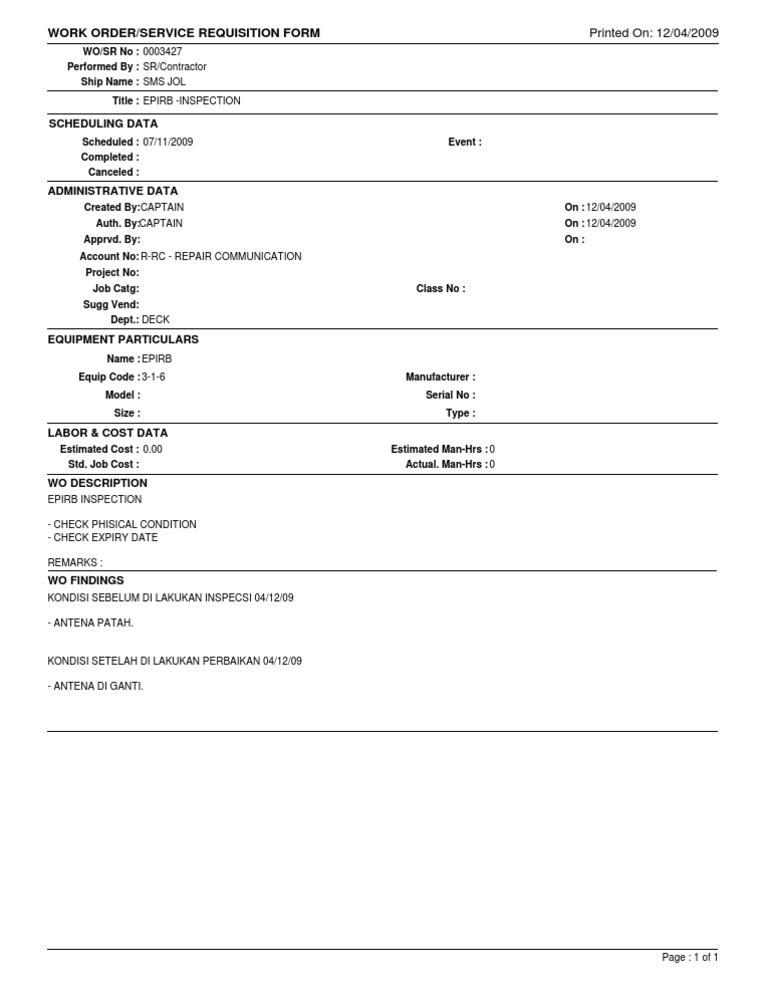 Work Order/Service Requisition Form: Scheduling Data | PDF