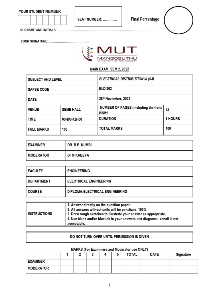 Main Exam-SEM2-2022-Electrical Distribution III-print | PDF | Nature | Electromagnetism