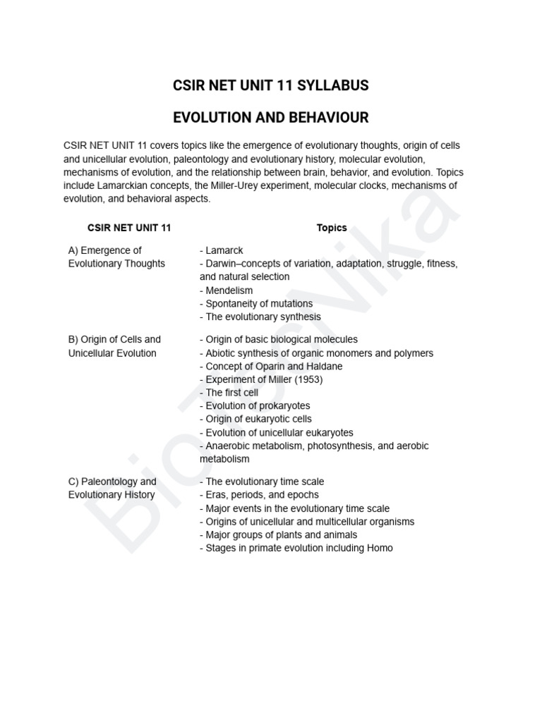 Bio Te CN Ika: Csir Net Unit 11 Syllabus Evolution and Behaviour | PDF | Evolution | Gene