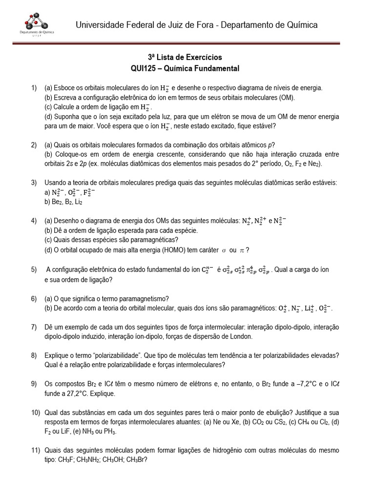 3a-lista-de-exercícios-QUI125 | PDF | Orbital molecular | Ácido
