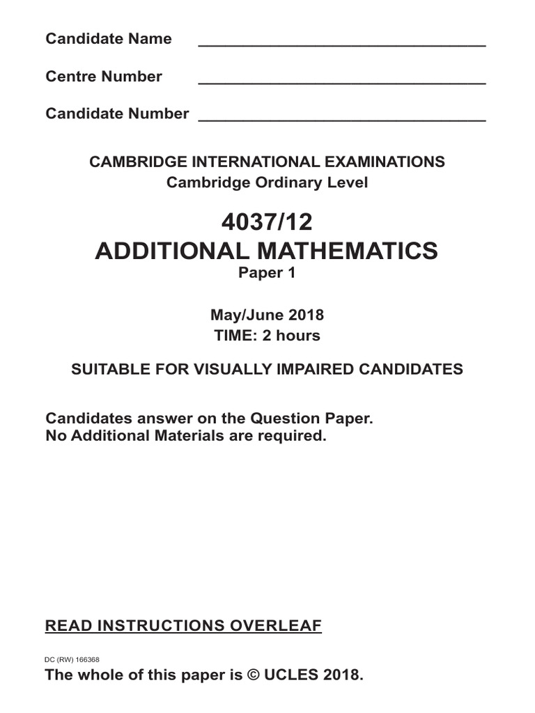 4037 Additional Mathematics Question Paper 01 Visually Impaired | PDF ...