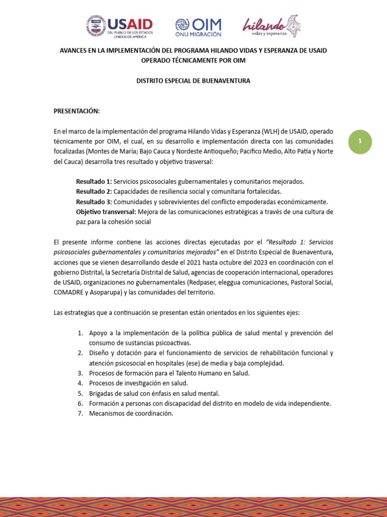 Avances en La Implementación Del Programa Hilando Vidas y Esperanza de ...