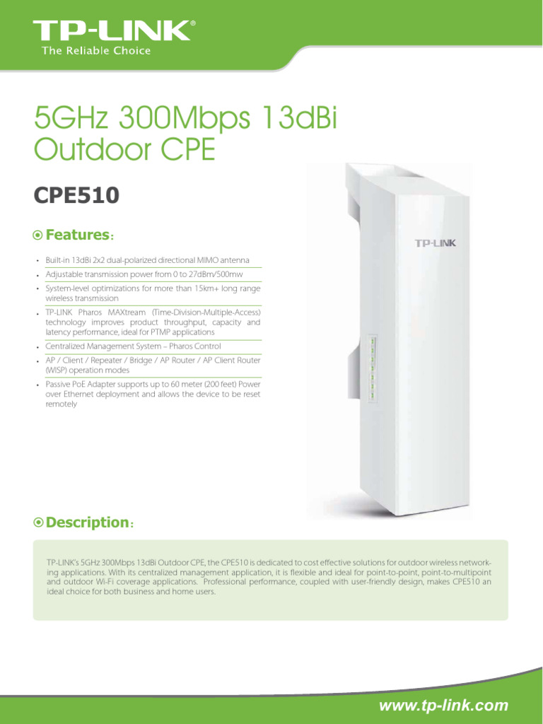 TP Link Pharos Cpe510 Outdoor Cpe | PDF | Wi Fi | Ieee 802.11
