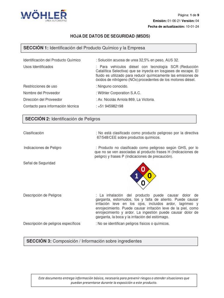 Hoja de Seguridad de Urea Automotriz | PDF | Combustión | Agua