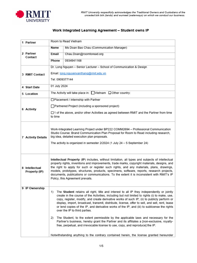 Phan Lam Huynh Nhu - WIL Agreement | PDF | License | Intellectual Property