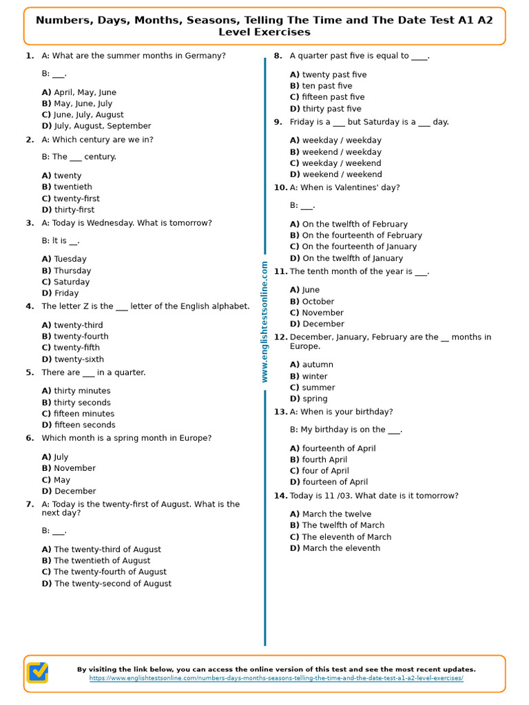 408 - Numbers Days Months Seasons Telling The Time and The Date Test A1 ...