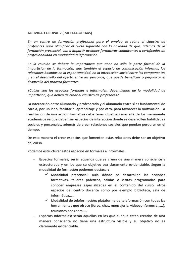 ACTIVIDAD GRUPAL 2 Uf1645 | PDF | Salón de clases | Comunicación humana