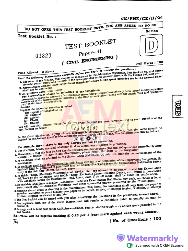 Apsc Phed Civil 2024 Je Answer Key (Aem) | PDF